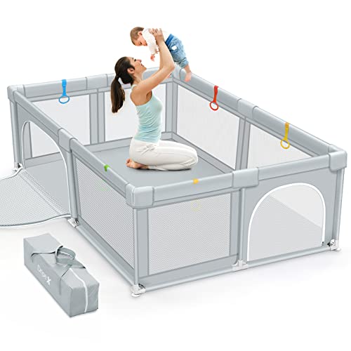 Dripex Baby Playpen, 79"×59" Play Pens for Babies and Toddlers, Safe Anti-Fall Play Yard with Gates, Baby Fence with Breathable Mesh, Indoor & Outdoor Kids Activity Center, Ash Grey