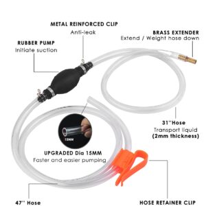 KATUMO Siphon Pump, Upgraded 15MM Enlarged Caliber Siphon Fuel Hand Pump for Gasoline, Oil, Diesel & Water with Hoses, Pinch Clips, Hose Retainer, Brass Extender