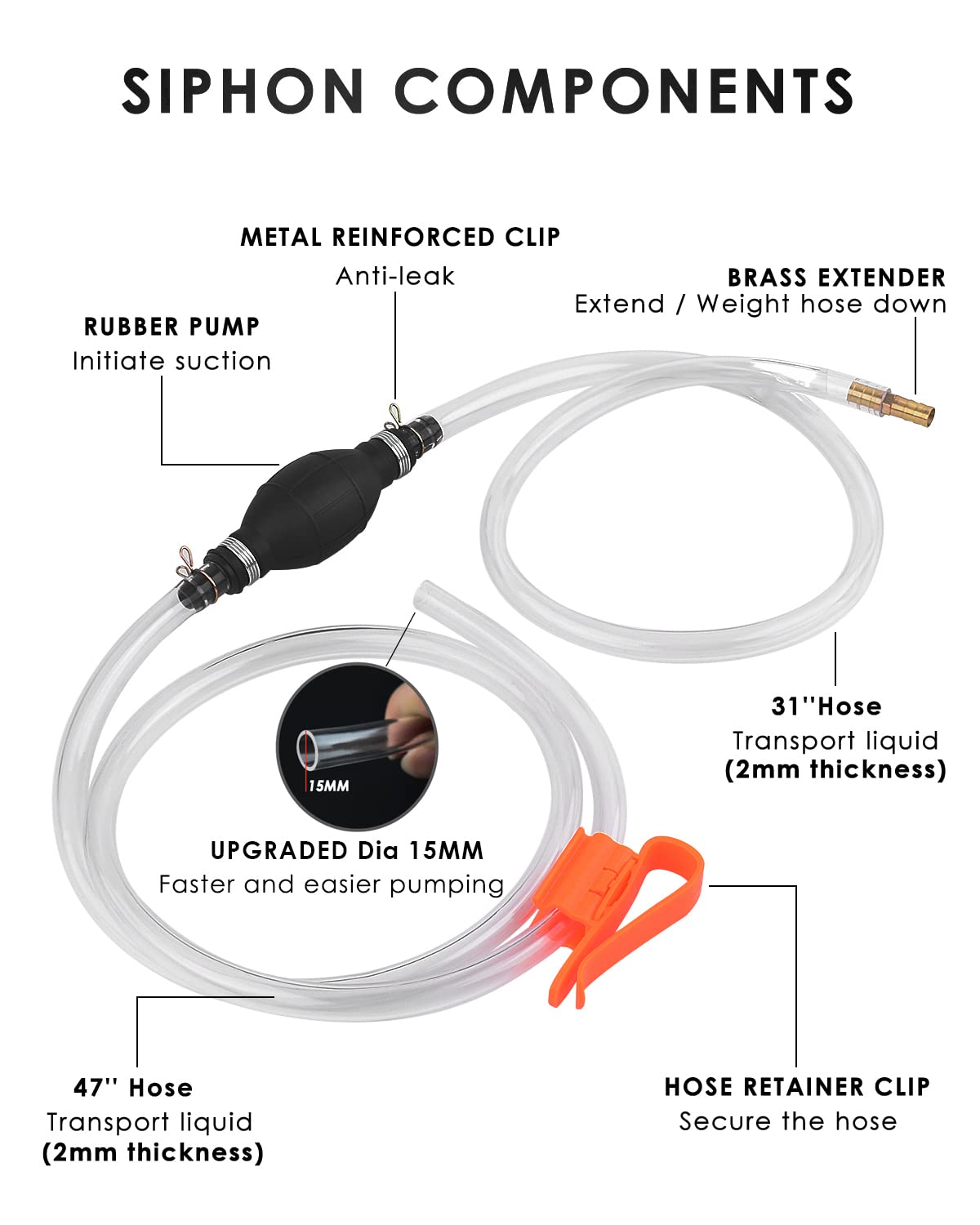 KATUMO Siphon Pump, Upgraded 15MM Enlarged Caliber Siphon Fuel Hand Pump for Gasoline, Oil, Diesel & Water with Hoses, Pinch Clips, Hose Retainer, Brass Extender