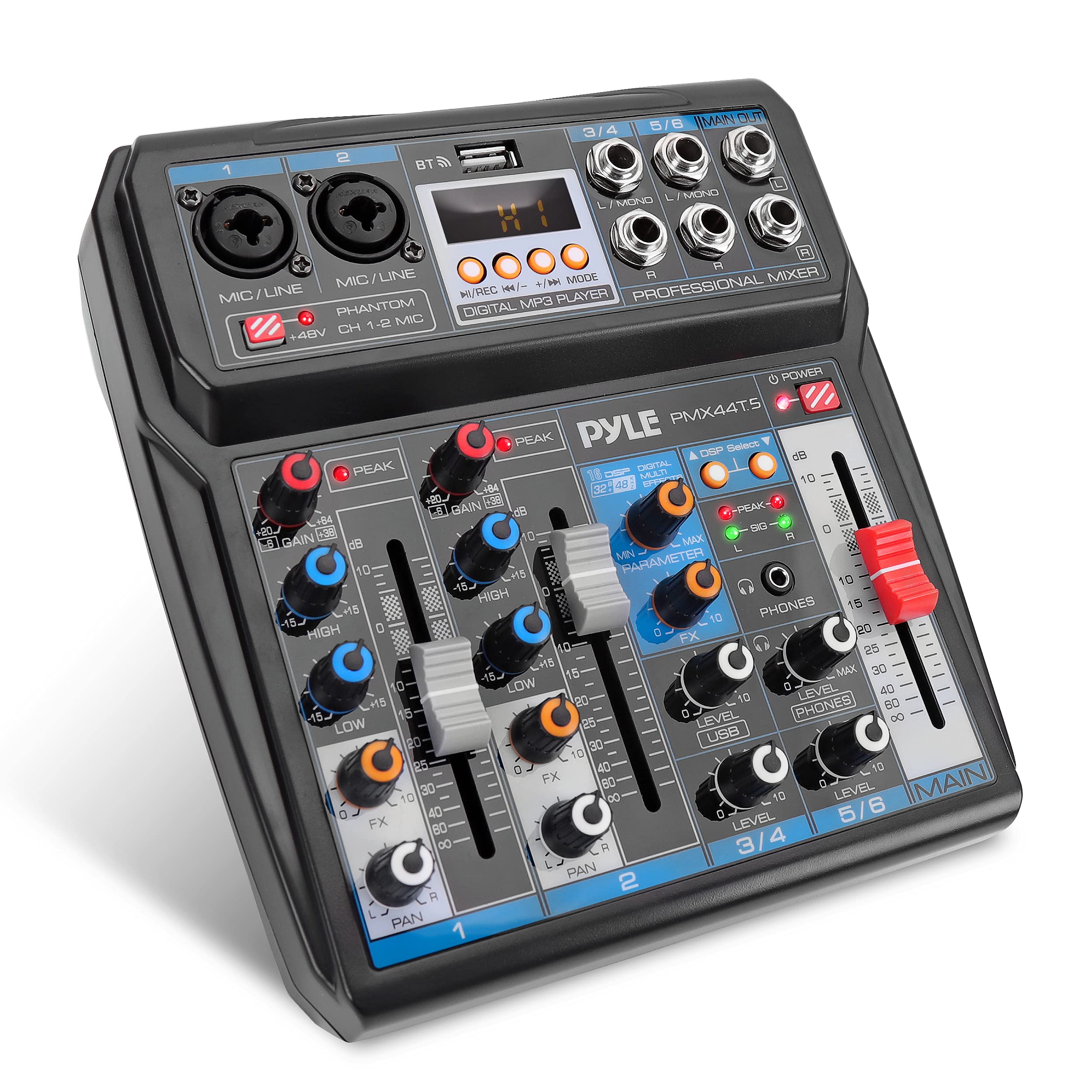 Pyle Professional Wireless DJ Audio Mixer - 6-Channel Bluetooth Compatible DJ Controller Sound Mixer w/ DSP Effects, USB Audio Interface, Dual RCA In, XLR/1/4" Microphone In, Headphone Jack- PMX44T.5