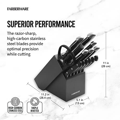 Farberware 15-Piece Forged Triple Riveted Knife Block Set, High Carbon-Stainless Steel Kitchen Knives, Razor-Sharp Knife Set with Wood Block, Graphite