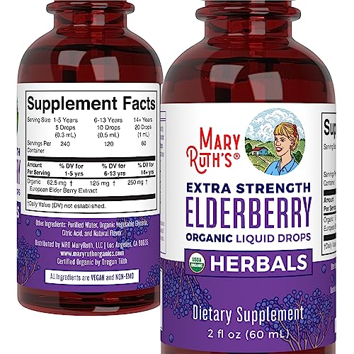 MaryRuth Organics Elderberry Syrup Extra Strength, USDA Organic Elderberry, Sugar Free Adults & Kids Immune Support Supplement for Ages 1+, Clean Label Project Verified®, Vegan, Gluten Free, 2 Fl Oz