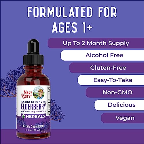 MaryRuth Organics Elderberry Syrup Extra Strength, USDA Organic Elderberry, Sugar Free Adults & Kids Immune Support Supplement for Ages 1+, Clean Label Project Verified®, Vegan, Gluten Free, 2 Fl Oz