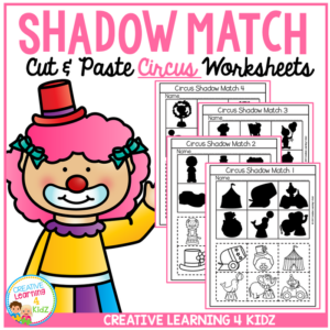 shadow matching circus cut & paste worksheets