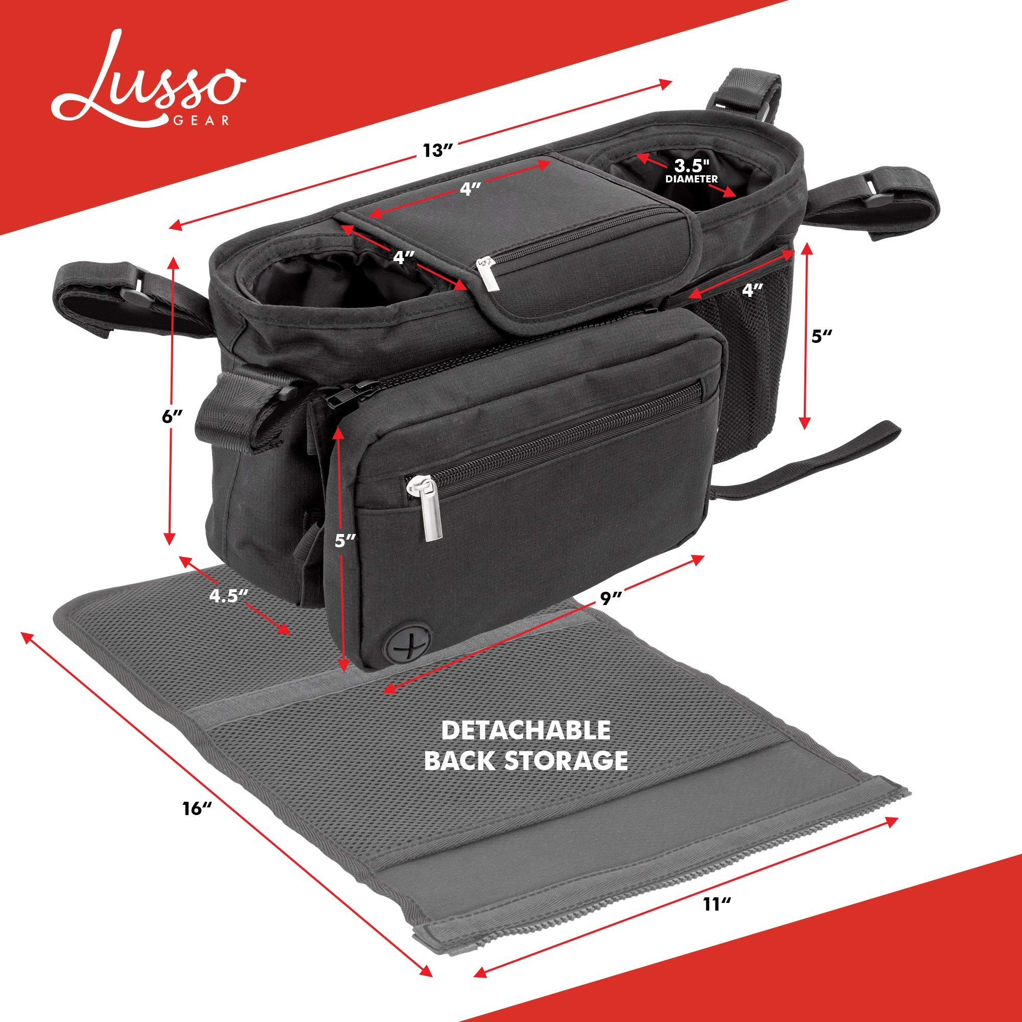 Lusso Gear Stroller Organizer With Cup Holder - Fits Strollers, Stroller Accessory for Baby Storage On the Go, Stroller Caddy With Multiple Storage Sections, Secure Fit Won’t Slip or Slide (Black)