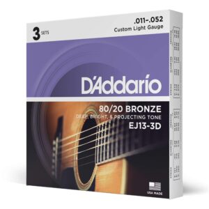 d'addario guitar strings - acoustic guitar strings - 80/20 bronze - for 6 string guitar - deep, bright, projecting tone - ej13-3d - custom light, 11-52 - 3-pack