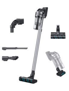 samsung jet 75 stick cordless lightweight vacuum cleaner with removable long lasting battery and 200 air watt suction power, complete with 180 deg swivel brush, titan silver