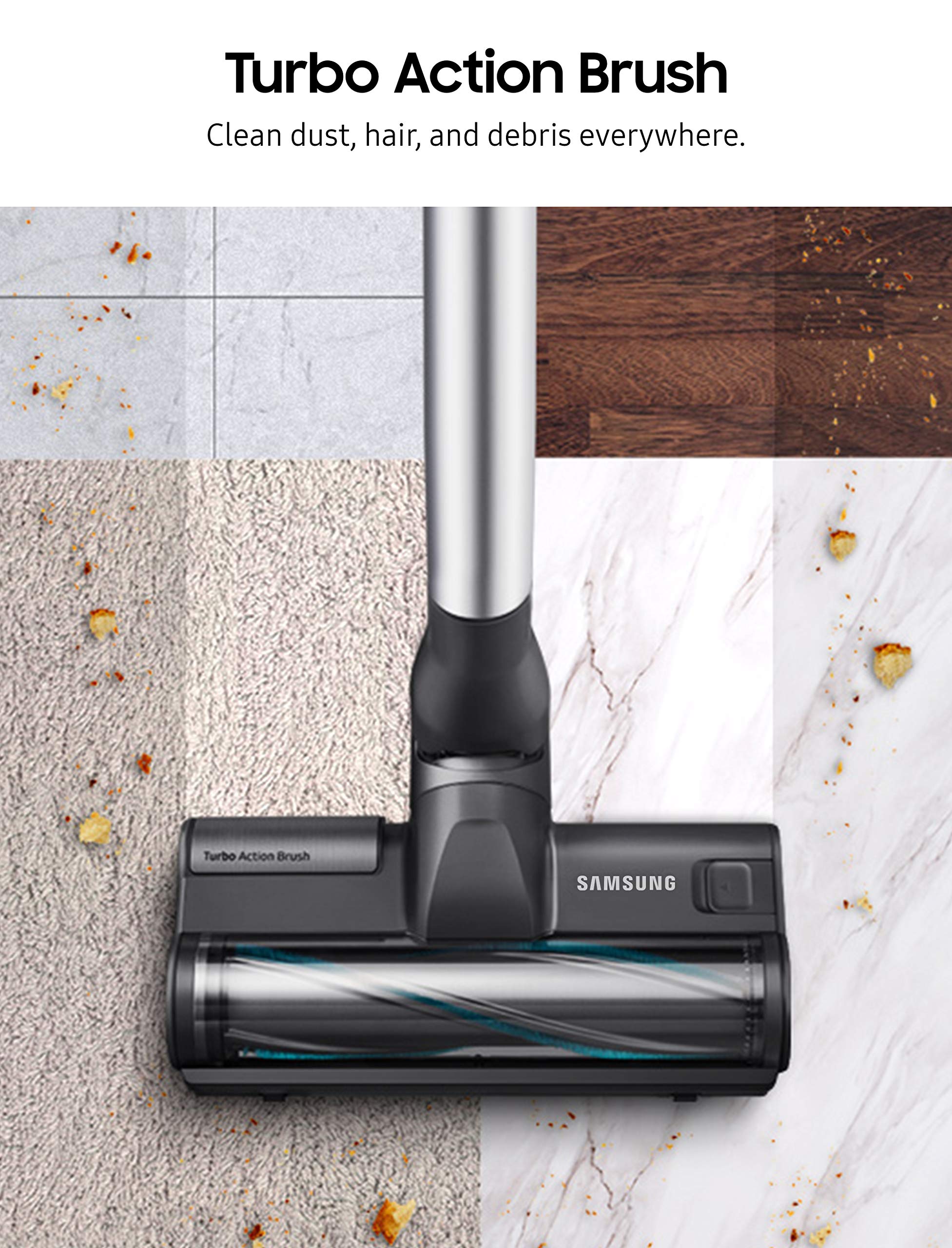 Samsung Jet 75 Stick Cordless Lightweight Vacuum Cleaner with Removable Long Lasting Battery and 200 Air Watt Suction Power, Complete with 180 Deg Swivel Brush, Titan Silver