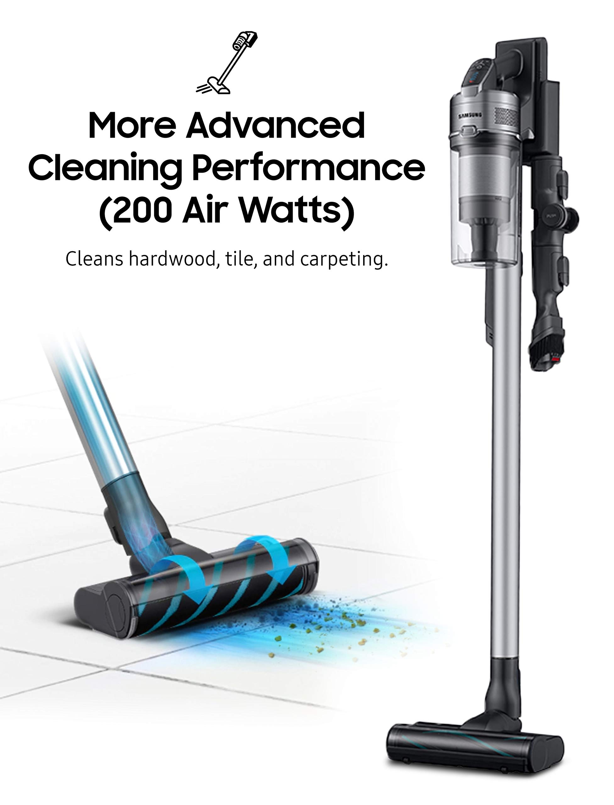 Samsung Jet 75 Stick Cordless Lightweight Vacuum Cleaner with Removable Long Lasting Battery and 200 Air Watt Suction Power, Complete with 180 Deg Swivel Brush, Titan Silver