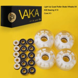 VAKA Luminous Light Up Quad Roller Skate Wheels with BankRoll Bearings Installed 4 Pack - Pop Quad Roller Skate Wheels 32mm x 58mm (White)