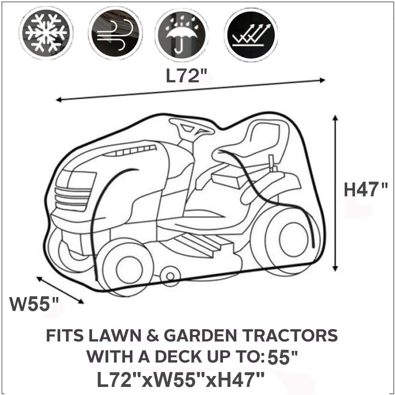 Tractor Cover Waterproof Riding Lawn Mower Cover Heavy Duty Water Sun Resistant Garden Tractor Lawn Mower Cover with Zipper Bag Size L72 xW55 xH47 in