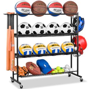 mythinglogic basketball rack, ball storage with baseball bat holder, rolling ball rack with removable nylon mesh for various ball sizes, basketball holder for football basketball soccer ball