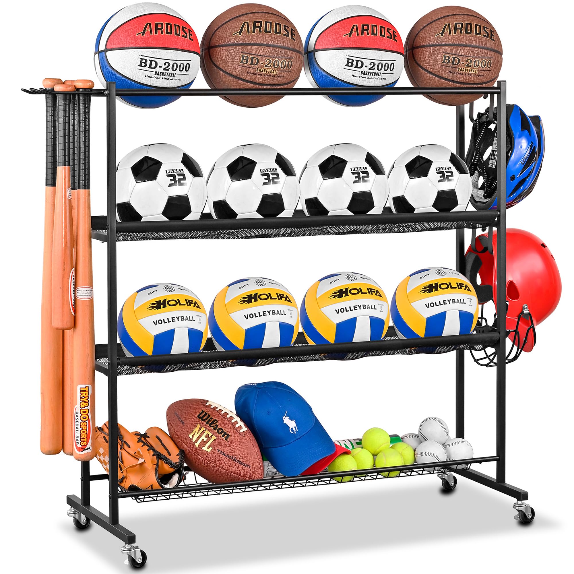 Mythinglogic Basketball Rack, Ball Storage with Baseball Bat Holder, Rolling Ball rack with Removable Nylon Mesh for Various Ball Sizes, Basketball Holder for Football Basketball Soccer Ball