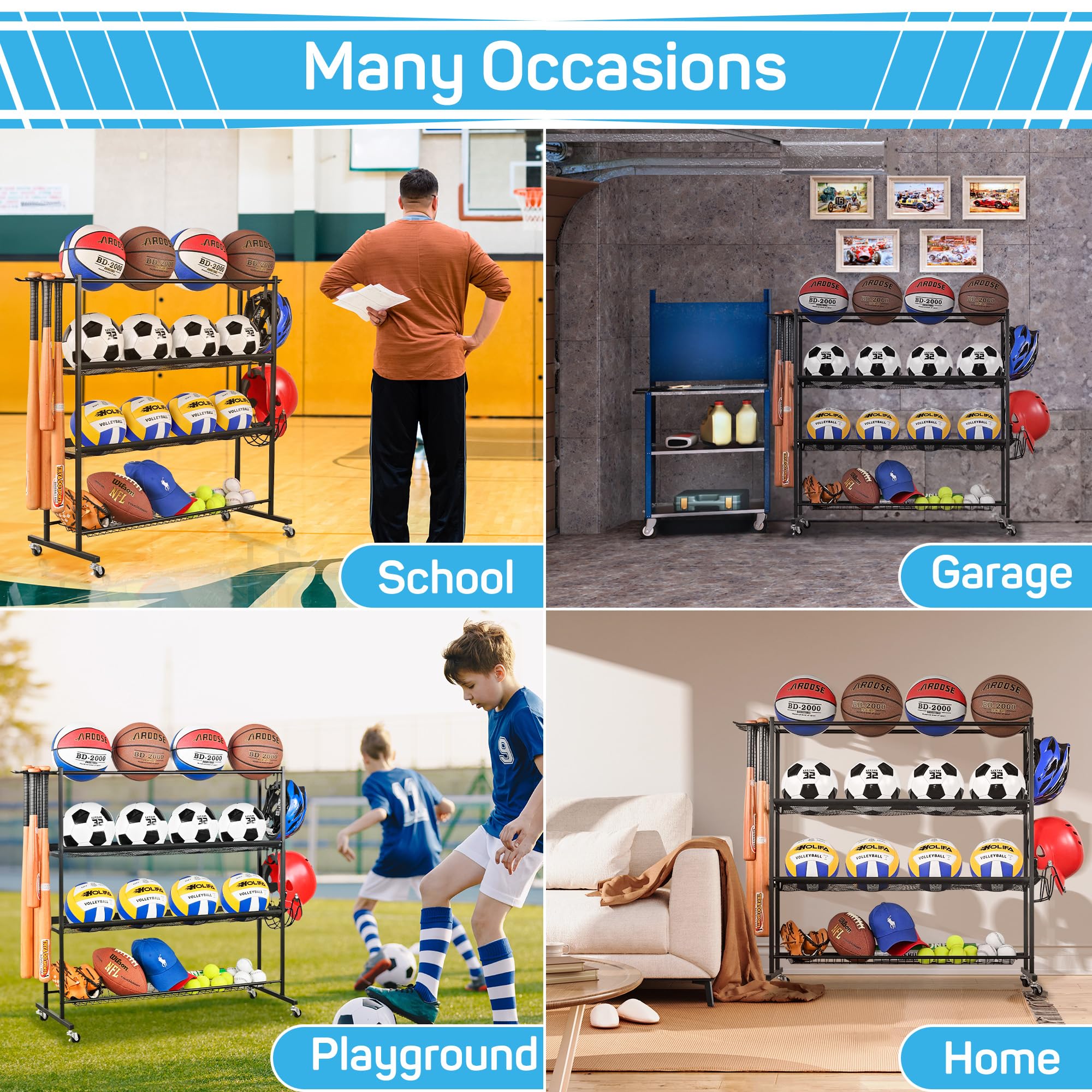 Mythinglogic Basketball Rack, Ball Storage with Baseball Bat Holder, Rolling Ball rack with Removable Nylon Mesh for Various Ball Sizes, Basketball Holder for Football Basketball Soccer Ball