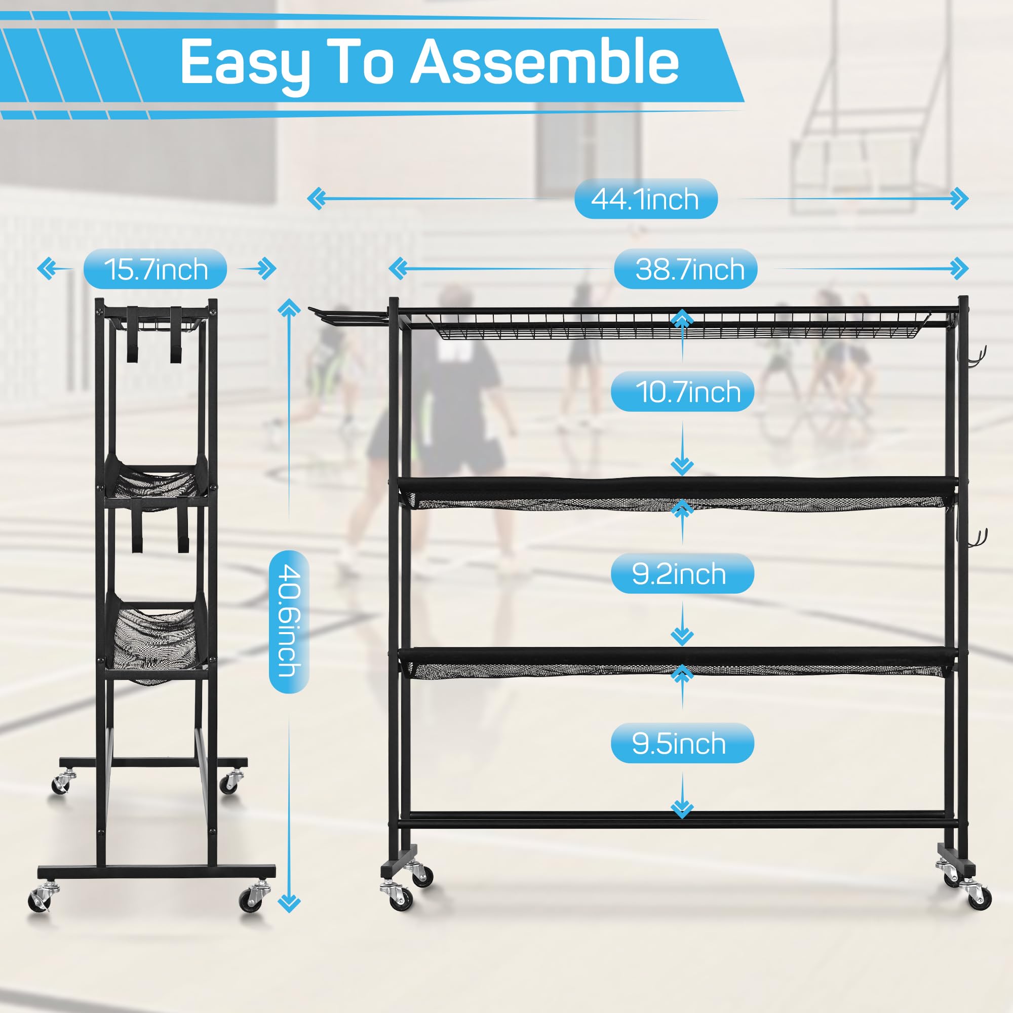 Mythinglogic Basketball Rack, Ball Storage with Baseball Bat Holder, Rolling Ball rack with Removable Nylon Mesh for Various Ball Sizes, Basketball Holder for Football Basketball Soccer Ball