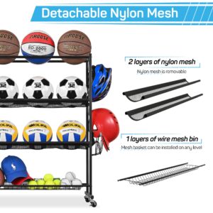 Mythinglogic Basketball Rack, Ball Storage with Baseball Bat Holder, Rolling Ball rack with Removable Nylon Mesh for Various Ball Sizes, Basketball Holder for Football Basketball Soccer Ball