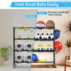 Mythinglogic Basketball Rack, Ball Storage with Baseball Bat Holder, Rolling Ball rack with Removable Nylon Mesh for Various Ball Sizes, Basketball Holder for Football Basketball Soccer Ball