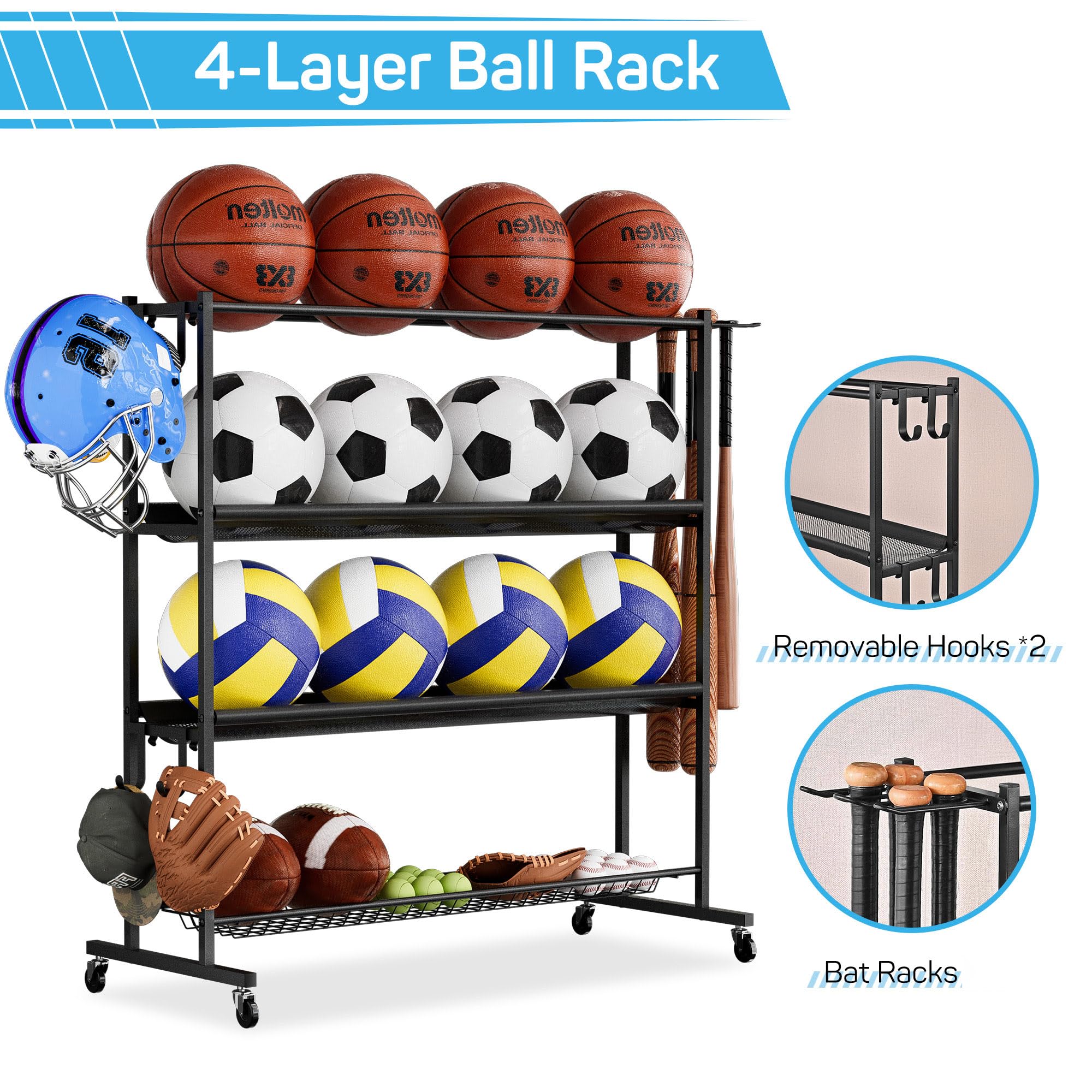 Mythinglogic Basketball Rack, Ball Storage with Baseball Bat Holder, Rolling Ball rack with Removable Nylon Mesh for Various Ball Sizes, Basketball Holder for Football Basketball Soccer Ball