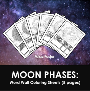 moon phases word wall coloring sheets (8 pages)