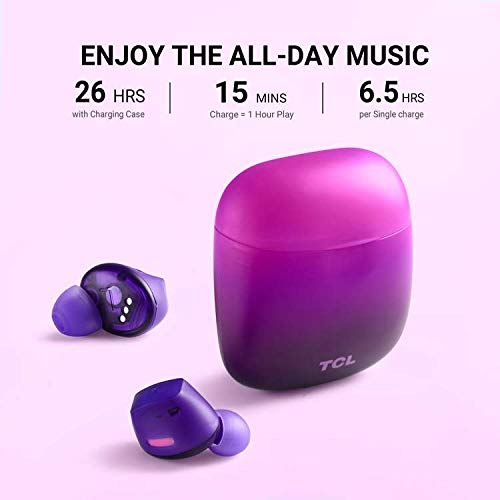 TCL SOCL500TWS Wireless Earbuds with Pumping Bass, Type-C Charging Case 26H Playtime, Bluetooth 5.0, Secure Fit, Waterproof, Noise Isolation, One Step Pairing for Gym - Sunset Violet