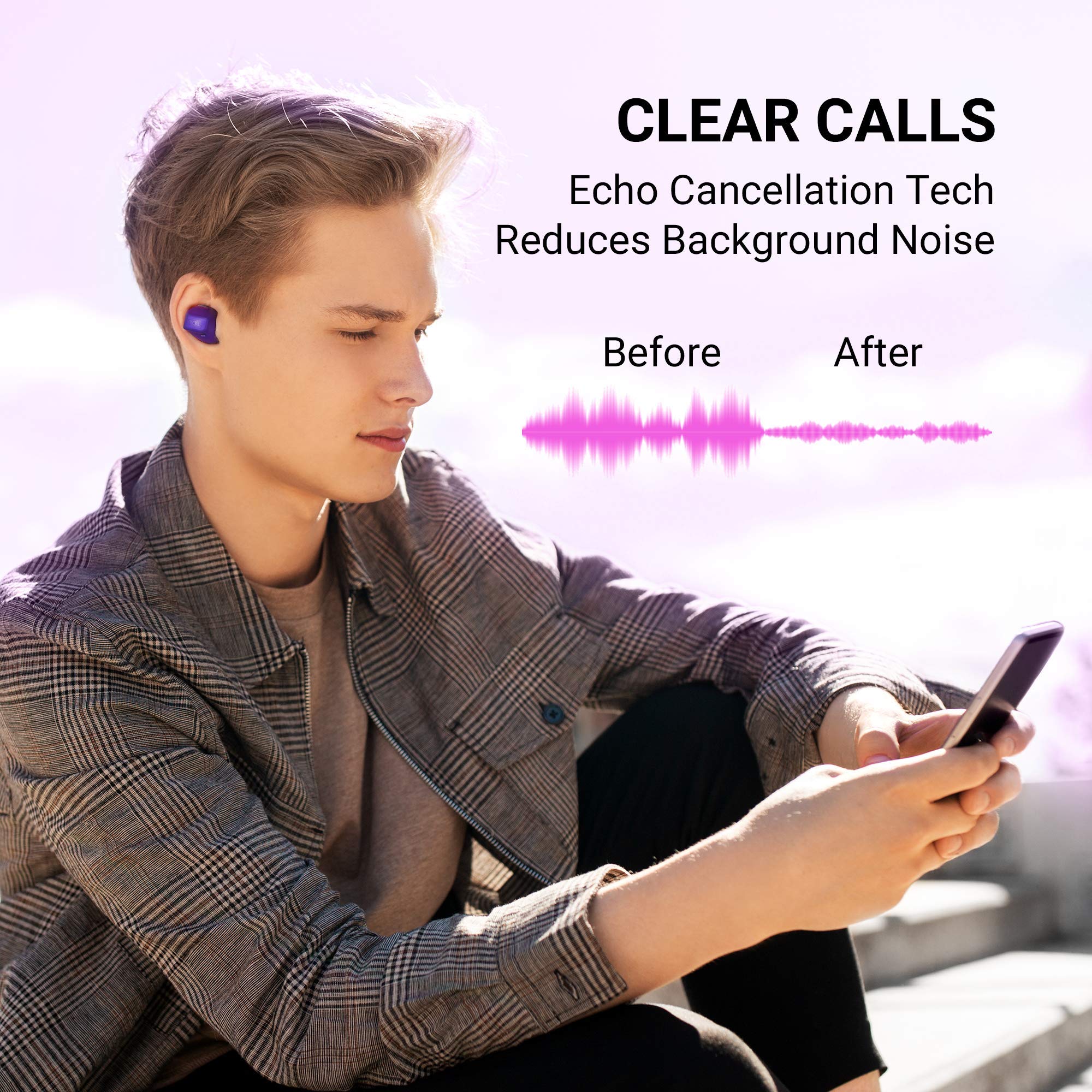 TCL SOCL500TWS Wireless Earbuds with Pumping Bass, Type-C Charging Case 26H Playtime, Bluetooth 5.0, Secure Fit, Waterproof, Noise Isolation, One Step Pairing for Gym - Sunset Violet