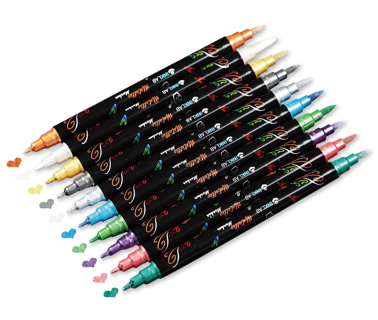 INK LAB Metallic Marker Pens Dual Tip 10 Colors Metallic Pens for Card Making Rock Painting Album Scrapbook Metal Wood Ceramic Glass, Medium & Brush Tip