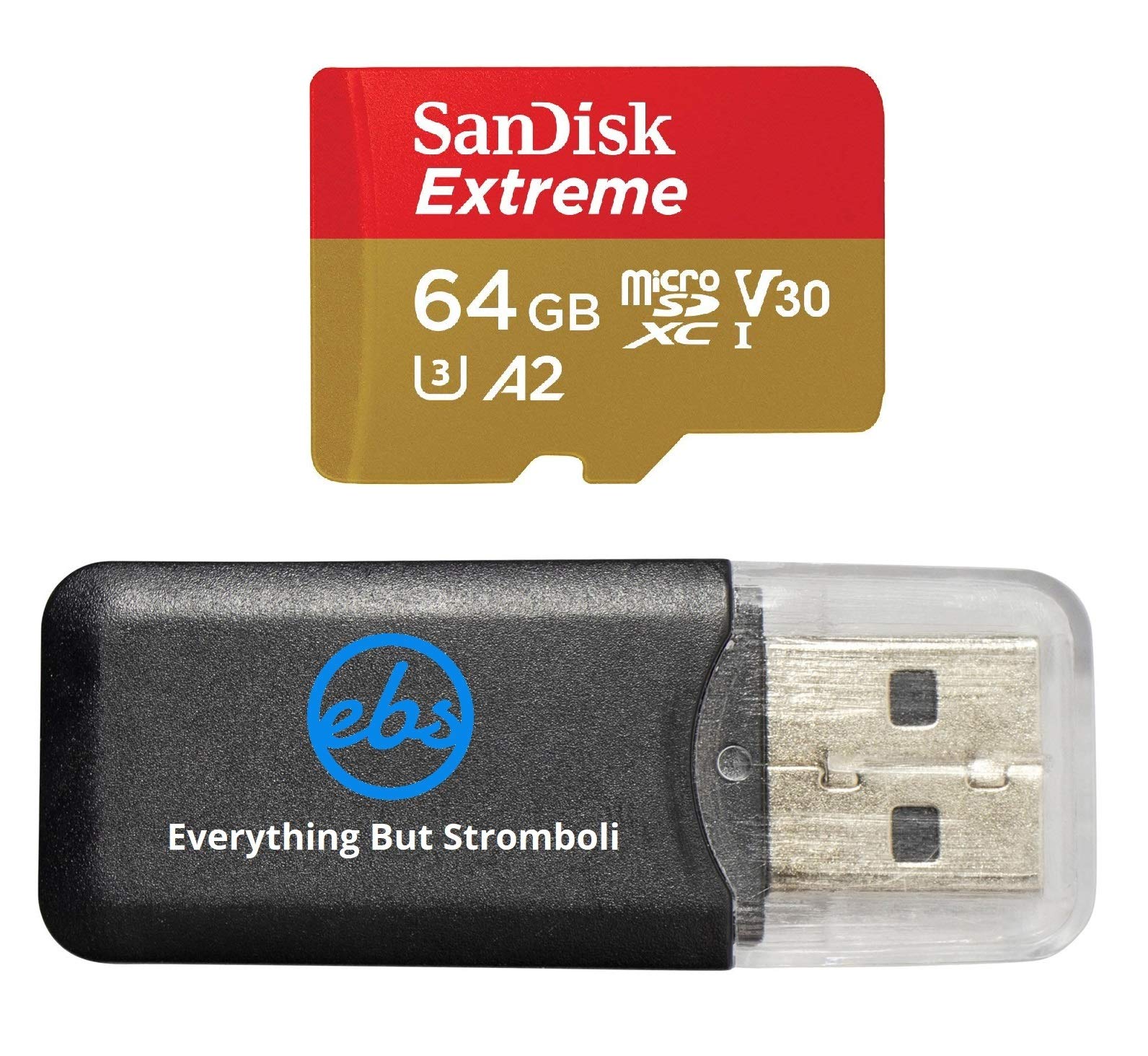 SanDisk Extreme 64GB V30 A2 MicroSDXC Memory Card for DJI Works with Mavic Air 2 Drone 4K 8K Bundle with (1) Everything But Stromboli MicroSD Reader