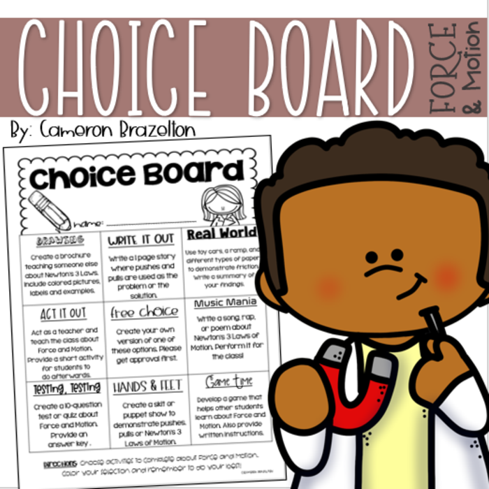 Choice Board Menu Force and Motion Newton's 3 Laws Activities