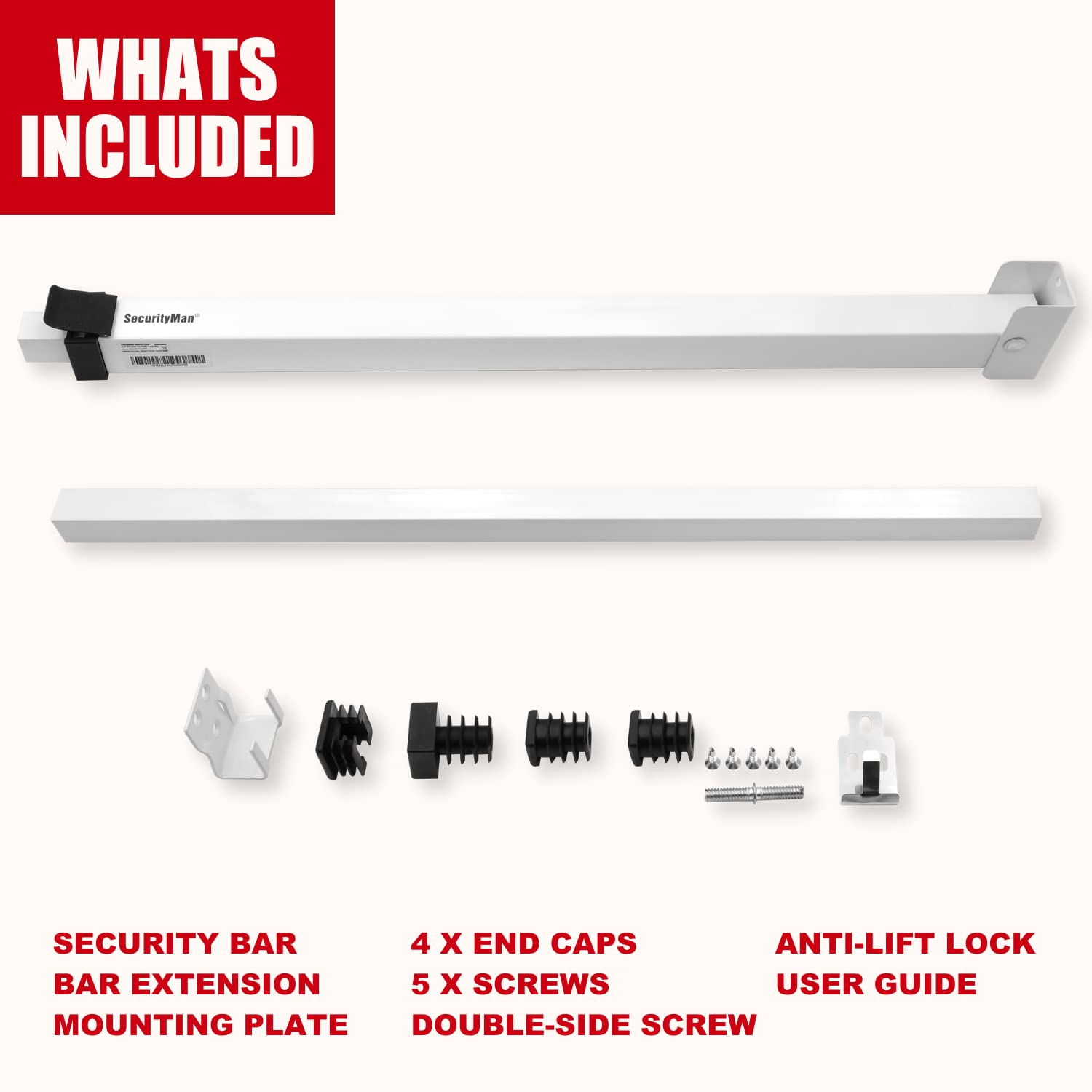 SecurityMan Sliding Door Security Bar - Dual Use as Patio Door Security Bar or Window Security Lock with Anti Lift Safety - Child Proof and Adjustable 19"-51" - Constructed of High Grade Iron - White