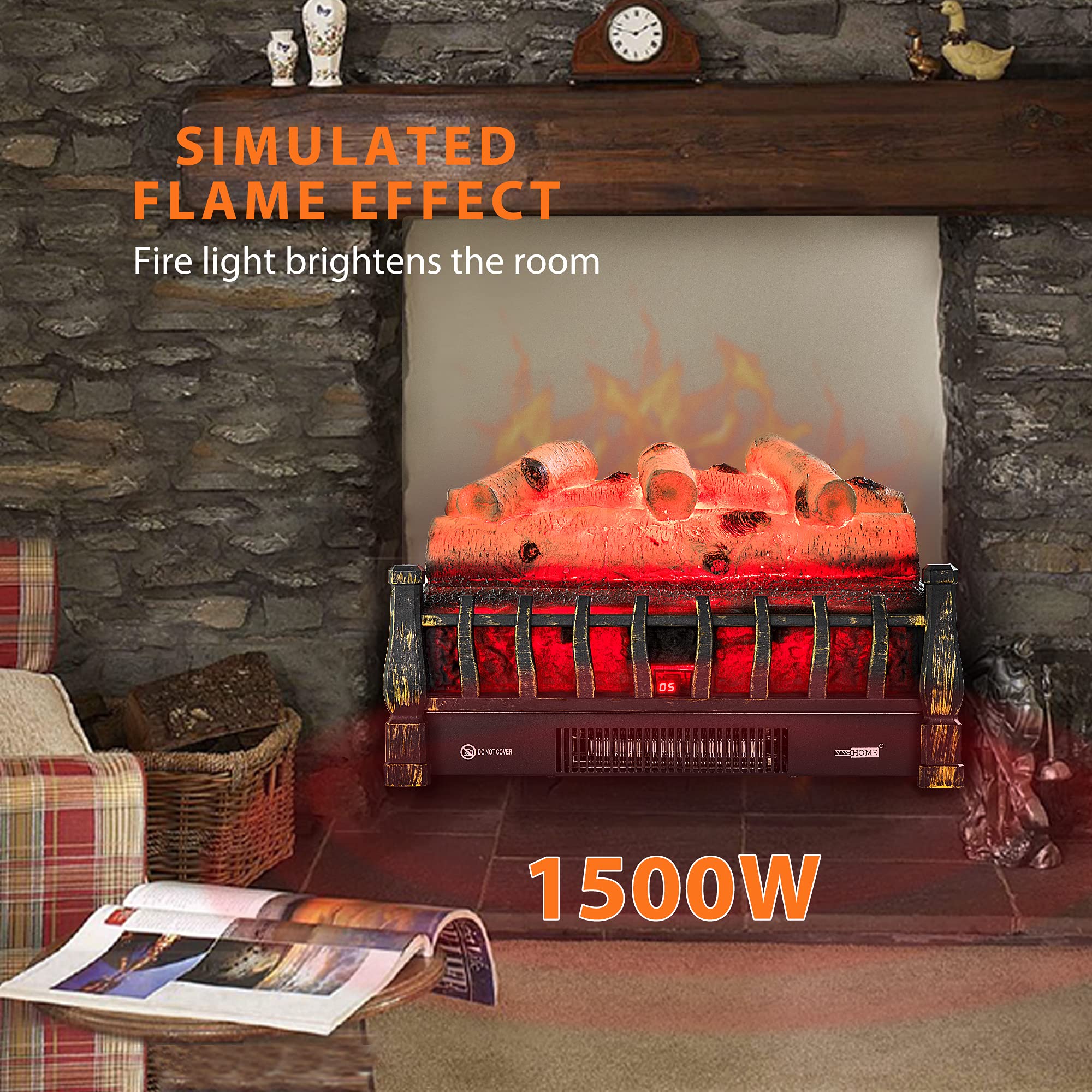 VIVOHOME 110V Electric Fireplace Log Set Heater with Glowing Ember Bed and Remote Controller Golden