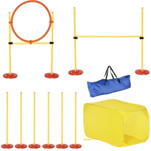 pawhut 4-piece dog agility training equipment doggie obstacle course with tunnel, hurdle bar, hoop, weave poles, and easy carry case