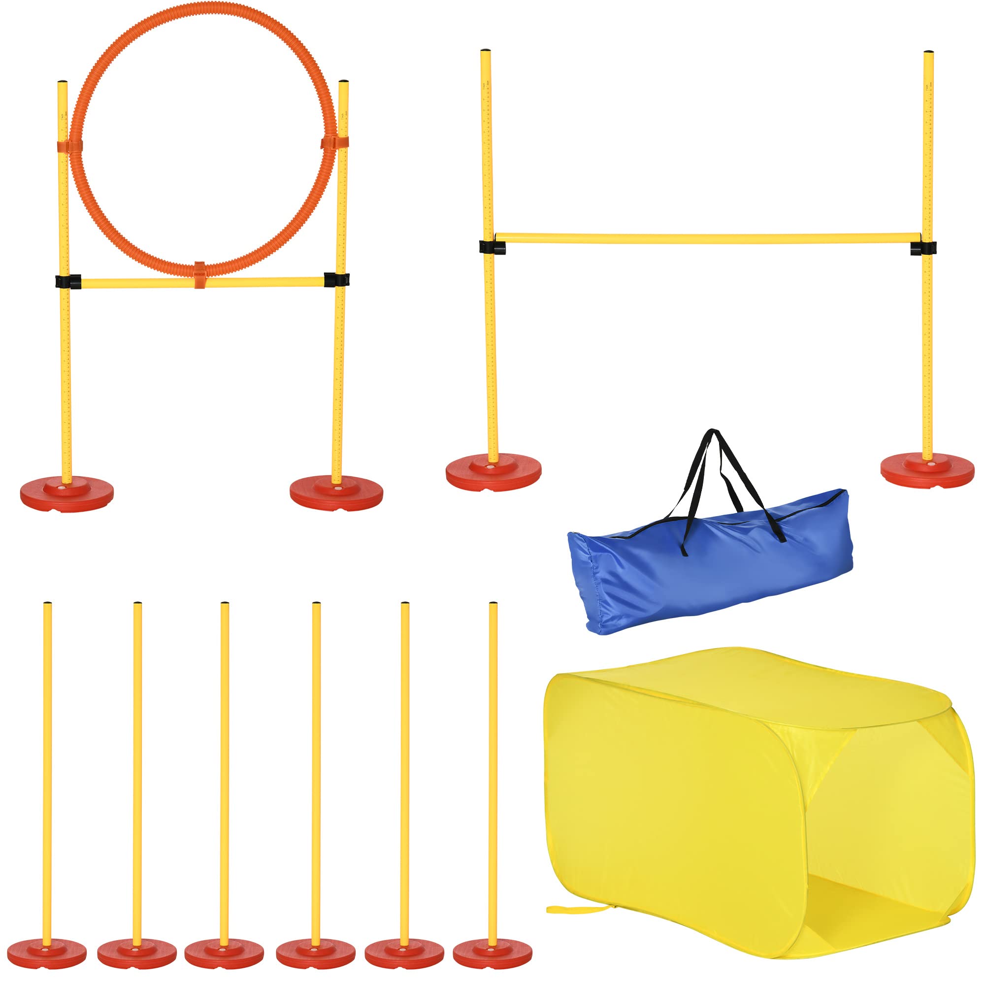 PawHut 4-Piece Dog Agility Training Equipment Doggie Obstacle Course with Tunnel, Hurdle Bar, Hoop, Weave Poles, and Easy Carry Case