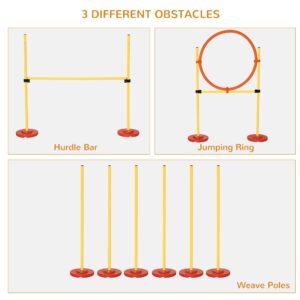 PawHut 3PCs Dog Agility Training Equipment, Outdoor Obstacle Course Starter Kit with Hoop, Hurdle, Weave Poles and Carrying Bag