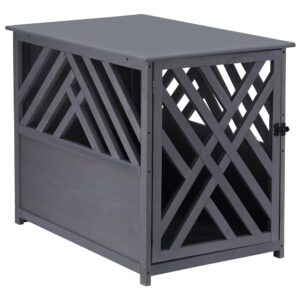 pawhut furniture style wood dog crate end table decorative dog cage kennel lattice night stand with lockable door, grey