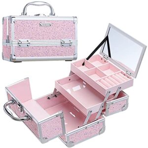 frenessa jewelry box makeup travel case storage jewelry organizer case lockable with keys and mirror for cosmetic makeup brushes toiletry jewelry nail polish vintage for women and girl - shiny pink