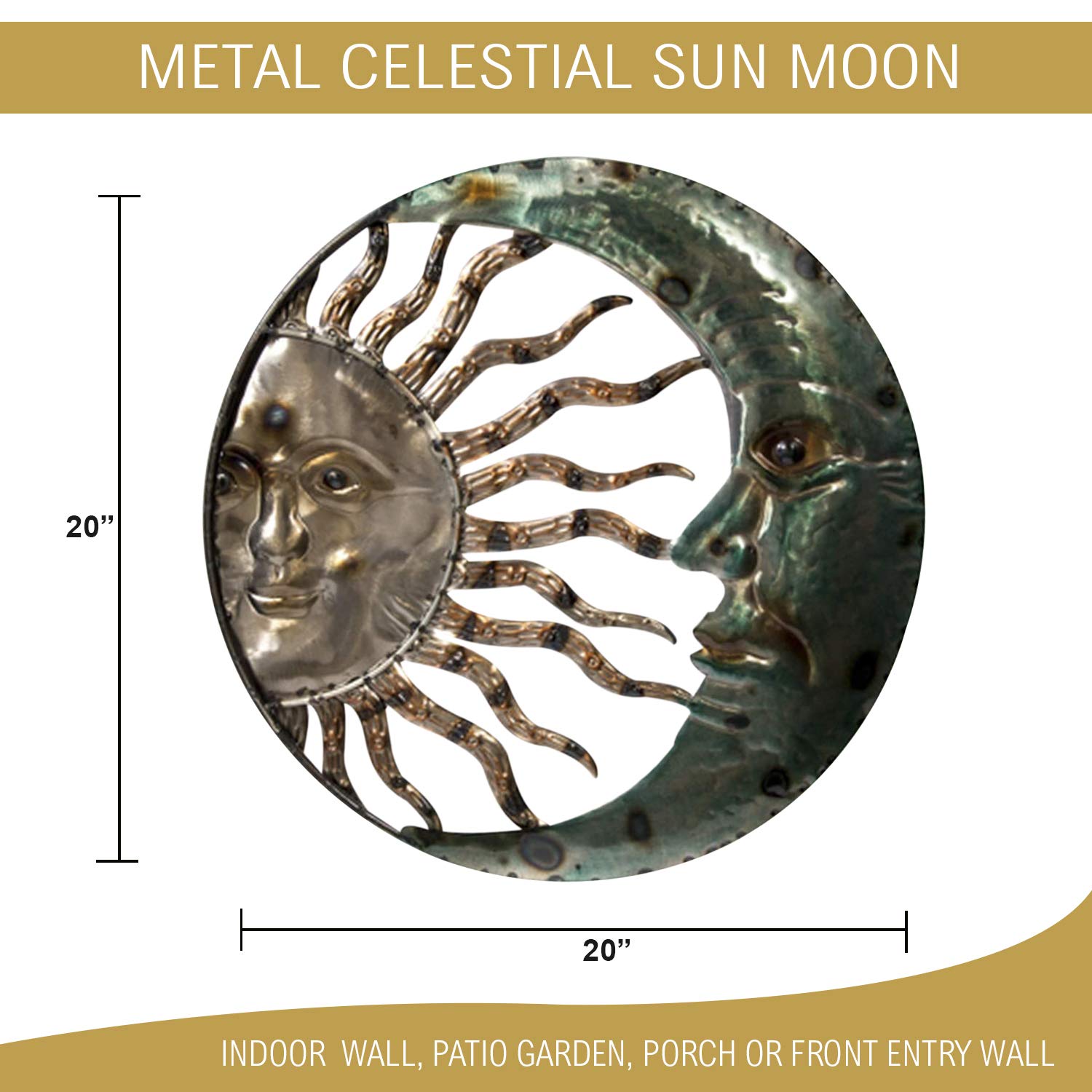 Metal Wall Art Crescent Moon Sun Wall Plaque - Indoor Outdoor Garden Wall Hanging - 20 in Metal Sun Moon Wall Decor