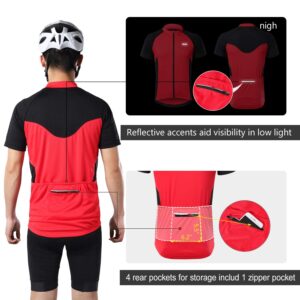 ARSUXEO Men's Short Sleeves Cycling Jersey Bicycle Bike Shirt Zipper Pocket 655 Red Size Medium