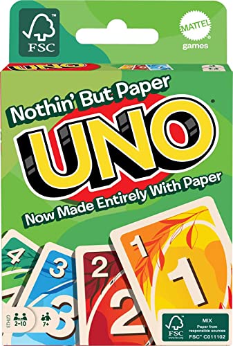 Mattel Games UNO Nothin' But Paper Card Game, Family Game with 100 Percent Paper and Fully Recyclable for 2-10 Players