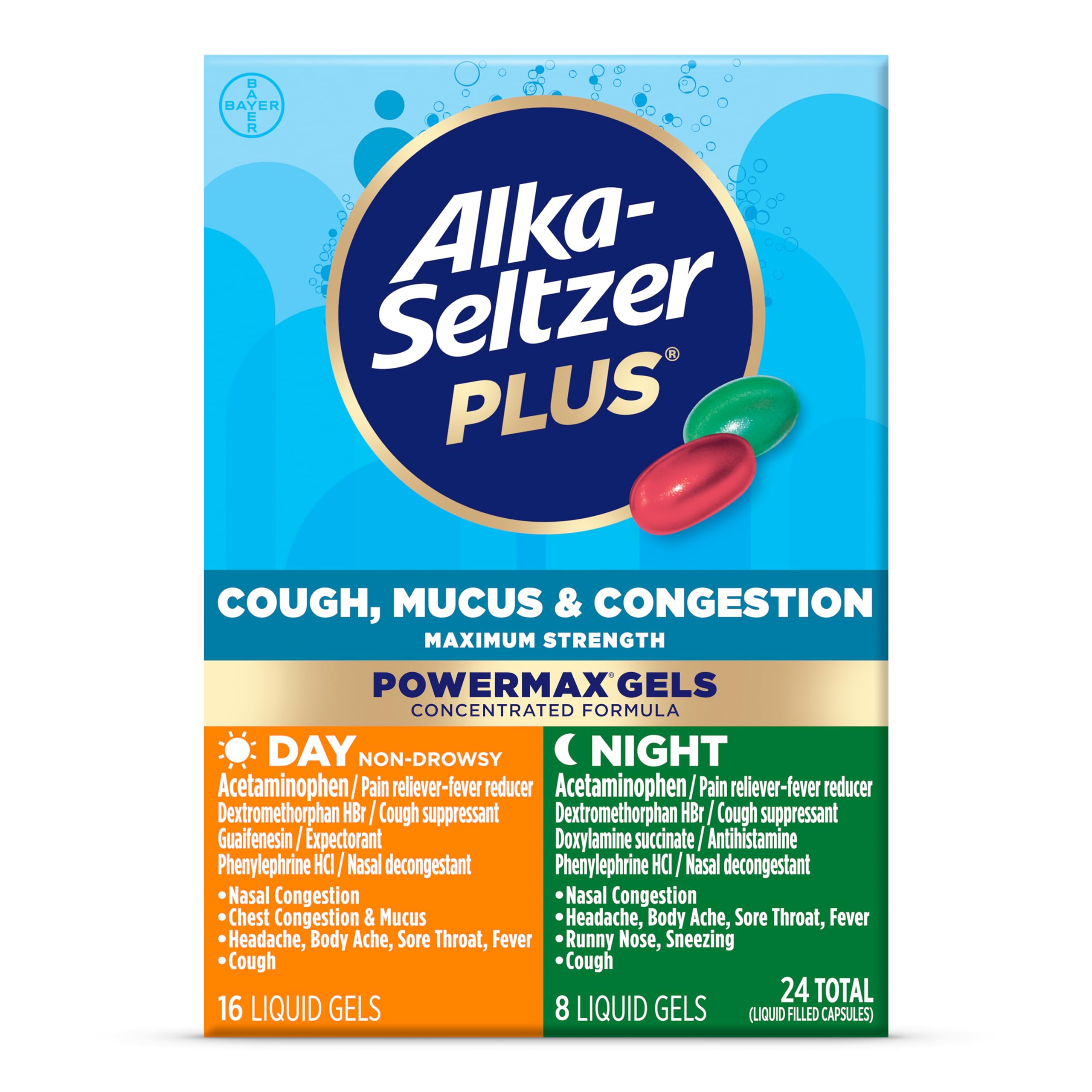 Alka-Seltzer Plus Maximum Strength, Cough Mucus & Congestion, Day+Night PowerMax Liquid Gels - Fast-Acting Cough and Congestion Medicine for Adults and Children 12 Years and Older, 24 Count