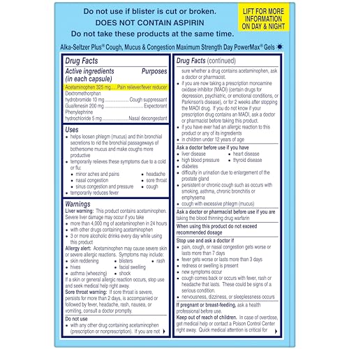 Alka-Seltzer Plus Maximum Strength, Cough Mucus & Congestion, Day+Night PowerMax Liquid Gels - Fast-Acting Cough and Congestion Medicine for Adults and Children 12 Years and Older, 24 Count