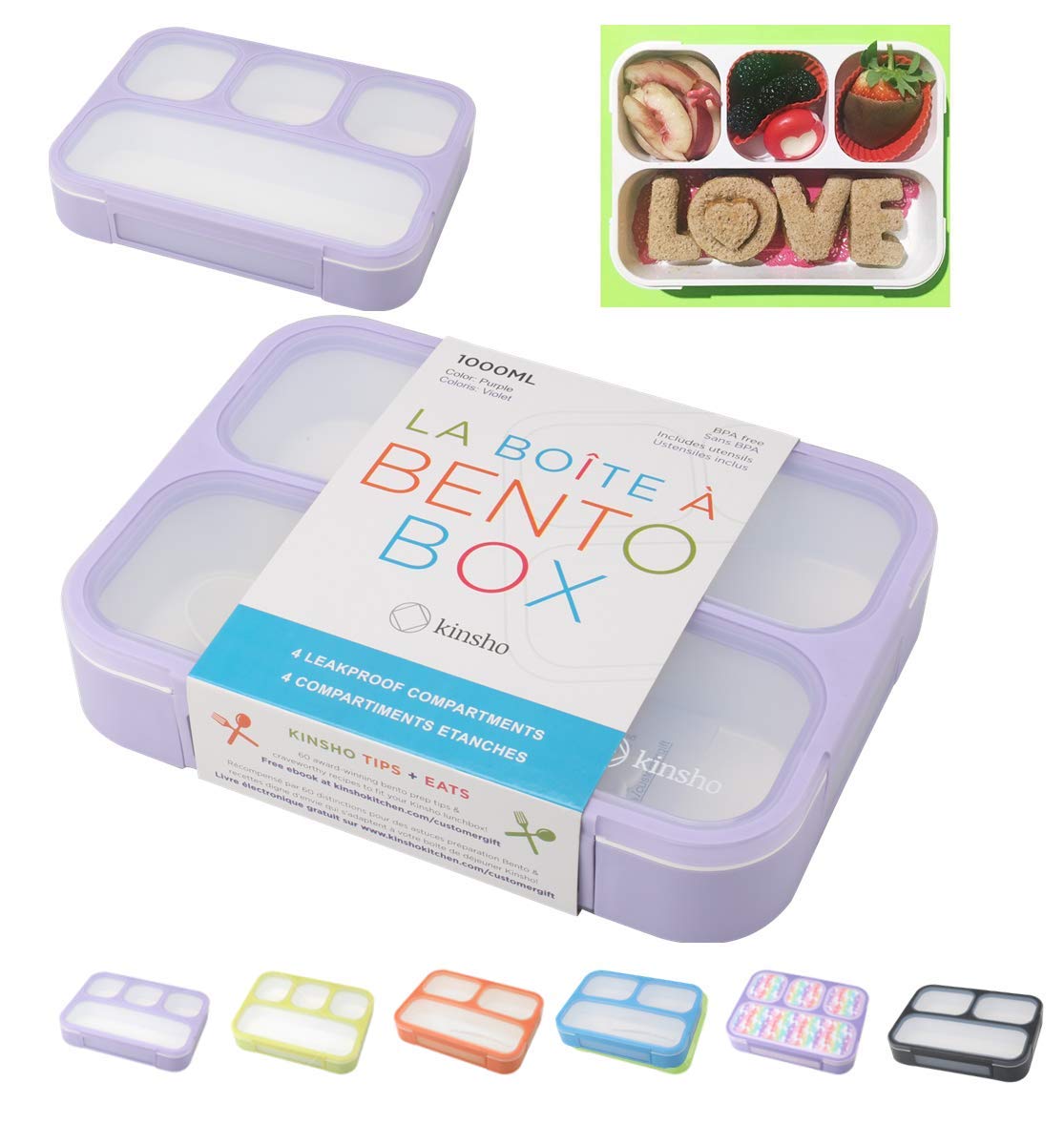 kinsho Bento Lunch Box for Kids Lunch-Boxes for Women Adults Girls Boys | Leakproof Snack Containers for Toddlers Tweens Pre-School Lunches BPA Free | Purple, 4 compartments