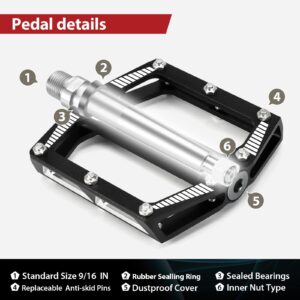 Hikenture Mountain Bike Pedals Road Bicycle Flat Pedals Adult Metal 9/16" Sealed Bearing Lightweight Aluminum Alloy Wide Platform Cycling Pedal for BMX/MTB