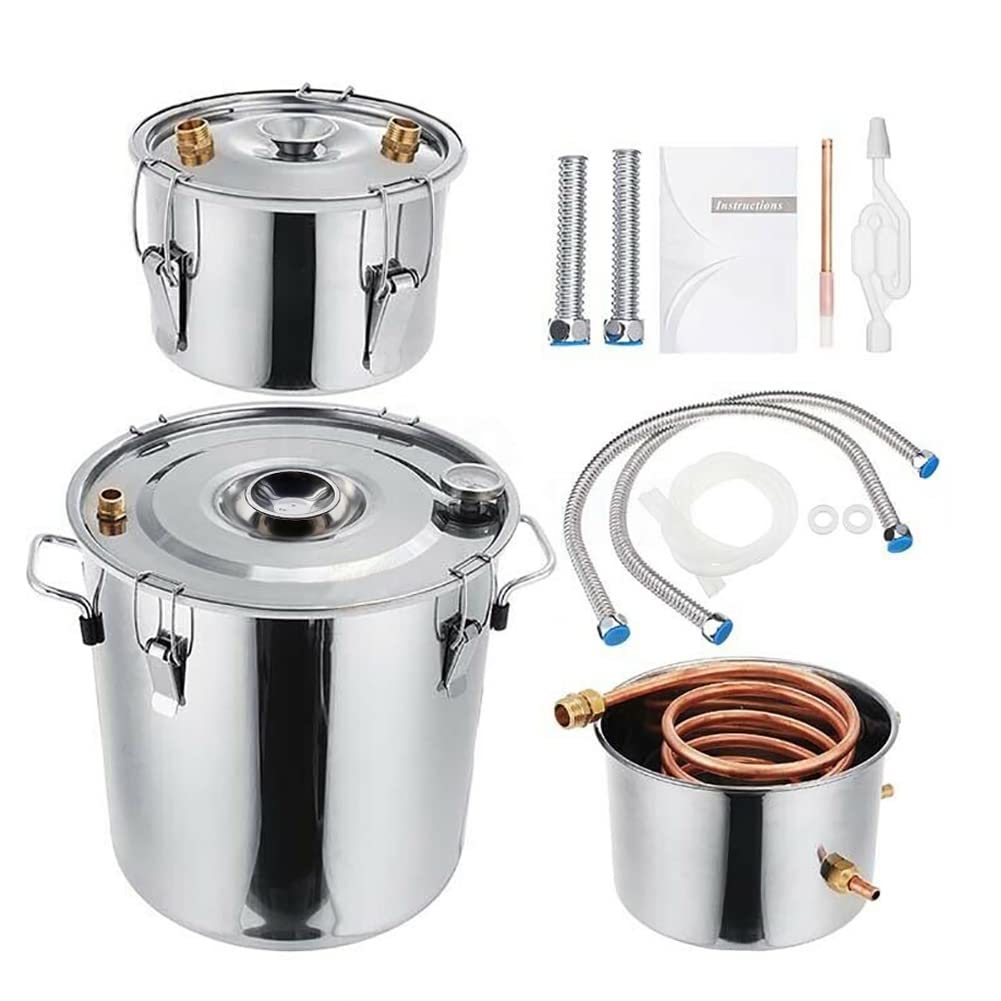 Slsy 5 Gallon Alcohol Still Water Alcohol Distiller, 20 Liters DIY Whiskey Still Stainless Steel Spirits Boiler with Copper Tube, Home Brew Wine Making Kit with Thumper Keg