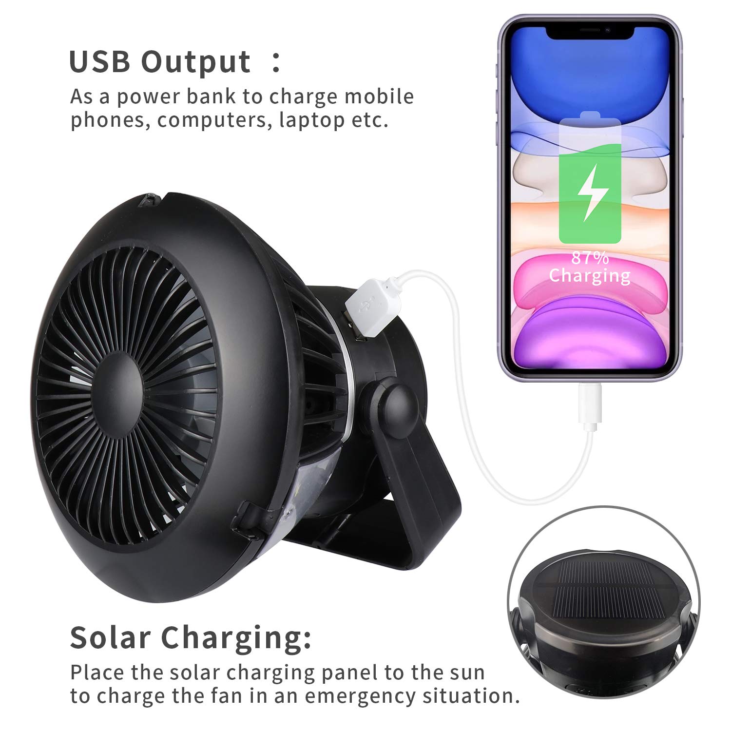 Misby Camping Fan with LED Lights, Rechargeable Portable Tent Fan with Hanging Hook, Portable Quiet Battery Powered USB Desks Fan for Camping,Picnic, Barbecue, Fishing, Home & Office (Black)…