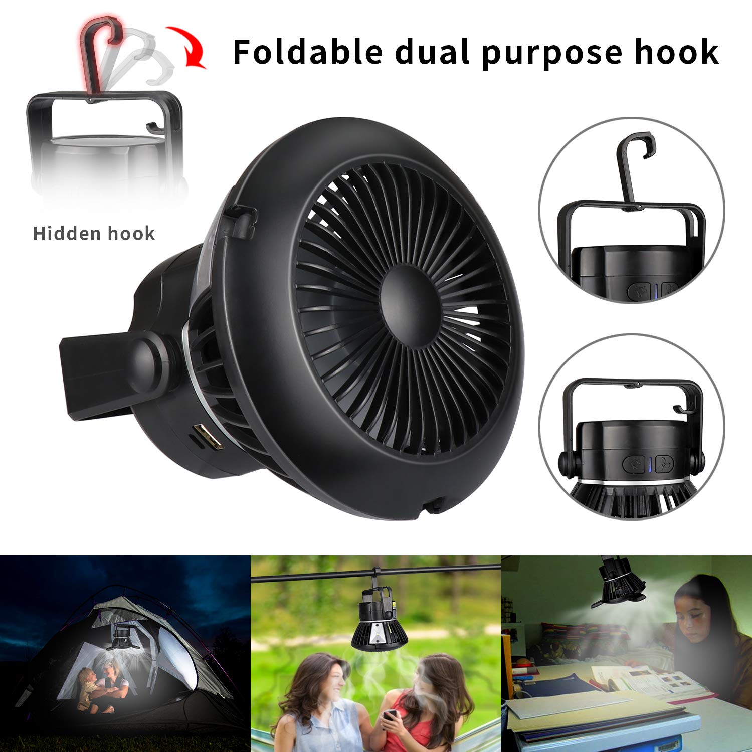 Misby Camping Fan with LED Lights, Rechargeable Portable Tent Fan with Hanging Hook, Portable Quiet Battery Powered USB Desks Fan for Camping,Picnic, Barbecue, Fishing, Home & Office (Black)…