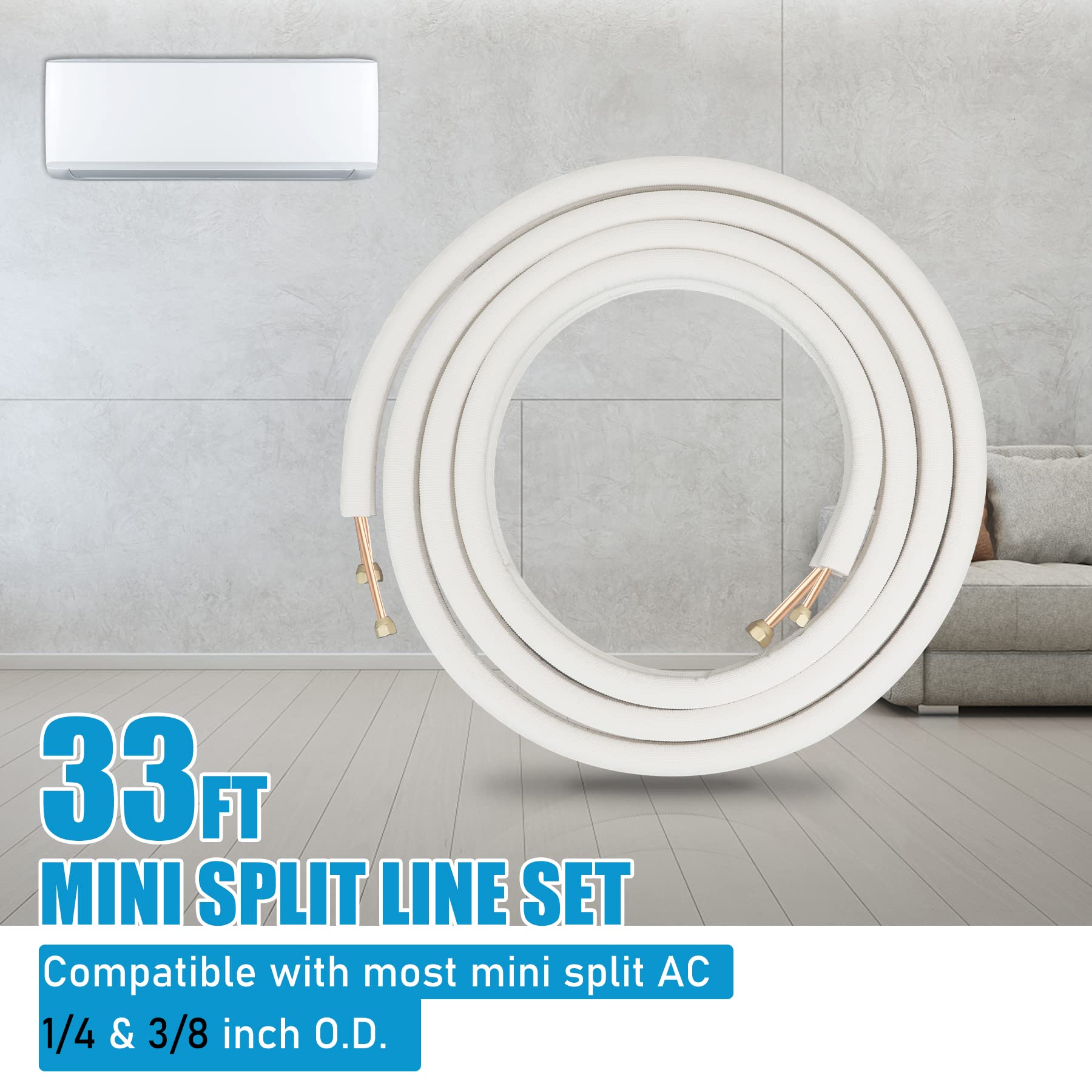 Air Jade 33 ft. Insulated Copper Pipes 1/4 & 3/8 inch Mini Split Line Set for Ductless Air Conditioner, Heat Pump System