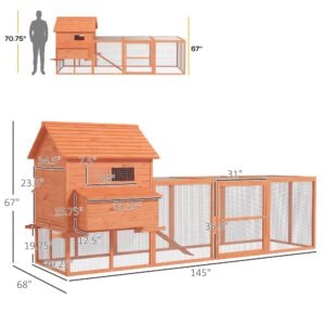 PawHut 145" Chicken Coop Large Chicken House Rabbit Hutch Wooden Poultry Cage Pen Garden & Backyard with Run & Inner Hen House Space