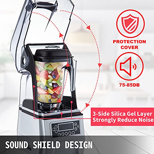 VEVOR 110V Commercial Smoothie Blenders 1.5L/50.7oz 1500W Countertop Silent Blender with Sound Shield, Quiet Blender Self-Cleaning, Includes Multifunctional 2-in-1 Wet Dry Blades, White