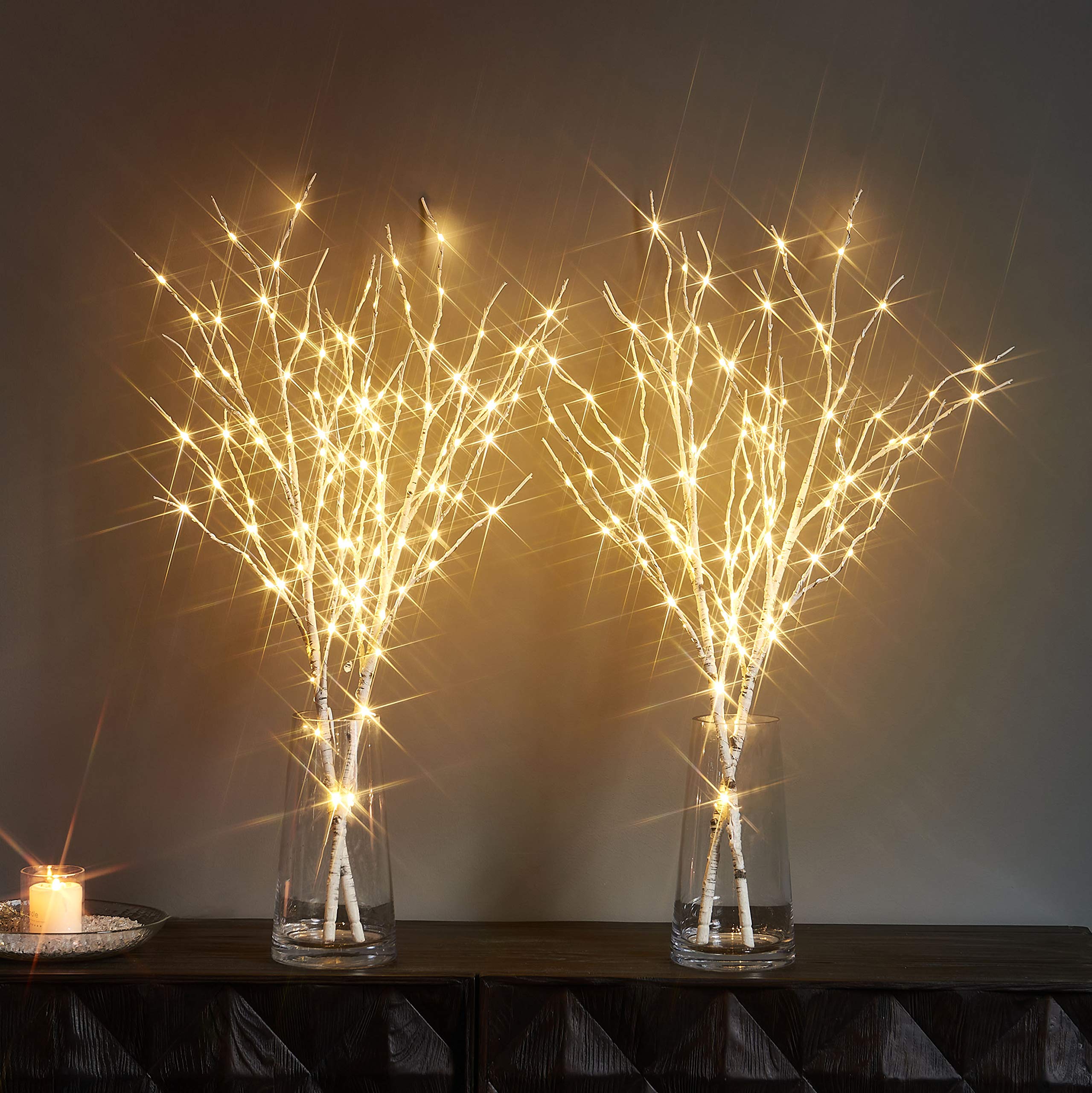 LITBLOOM Lighted White Birch Willow Branches with Timer Battery Operated Set of 2, Tree Branch with Warm White Lights for Holiday and Party Decoration 30IN 100 LED Waterproof