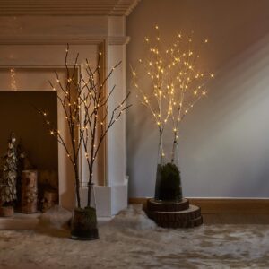 LITBLOOM Lighted White Birch Willow Branches with Timer Battery Operated Set of 2, Tree Branch with Warm White Lights for Holiday and Party Decoration 30IN 100 LED Waterproof